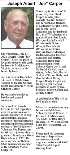 Joseph Albert “Joe” Carper | Obituaries | winchesterstar.com
