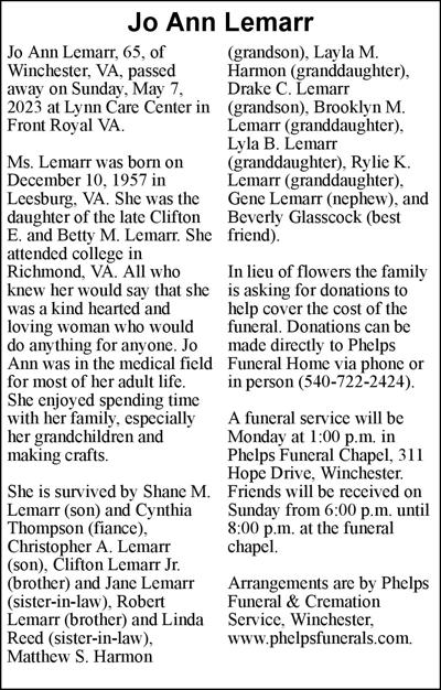 Jo Ann Lemarr | Obituaries | winchesterstar.com