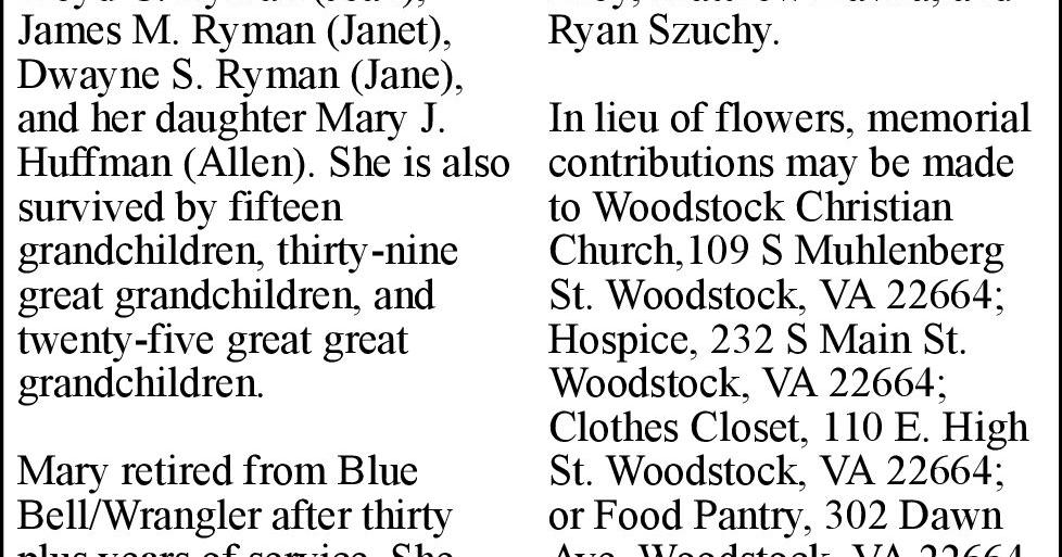 Mary Anna Webster Ryman | Obituaries | winchesterstar.com