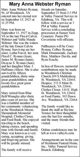 Mary Anna Webster Ryman | Obituaries | winchesterstar.com