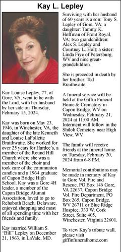 Kay L. Lepley | Obituaries | winchesterstar.com