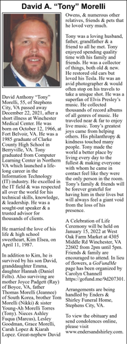 David A. “Tony” Morelli | Obituaries | winchesterstar.com