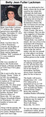 Betty Jean Fuller Lackman | Obituaries | winchesterstar.com