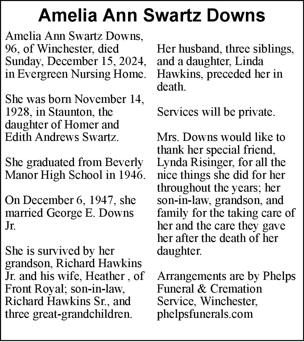 Amelia Ann Swartz Downs | Obituaries | winchesterstar.com