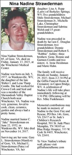 Nina Nadine Strawderman | Obituaries | winchesterstar.com