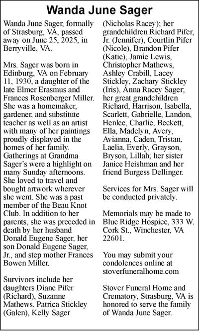 Wanda June Sager | Obituaries | winchesterstar.com