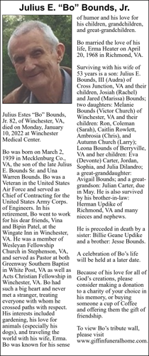 Julius E. “Bo” Bounds, Jr. | Obituaries | winchesterstar.com