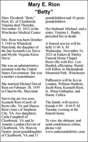 Mary E. Rion “Betty” | Obituaries | winchesterstar.com