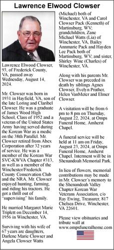 Lawrence Elwood Clowser | Obituaries | winchesterstar.com