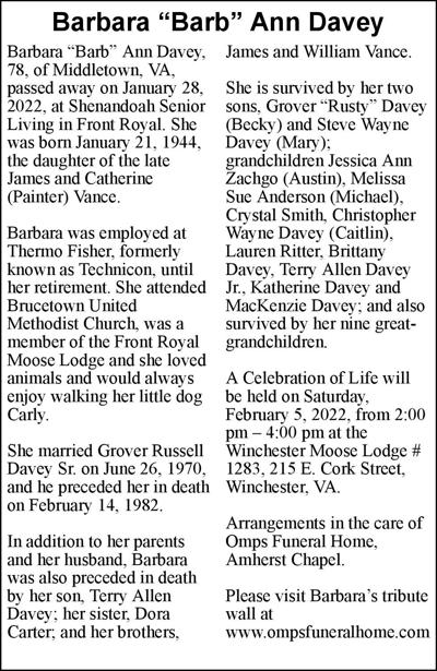 Barbara “Barb” Ann Davey | Obituaries | winchesterstar.com