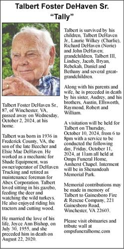 Talbert Foster DeHaven Sr. “Tally” | Obituaries | winchesterstar.com