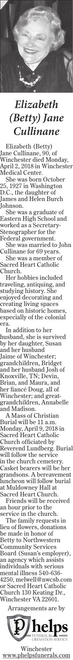 Elizabeth Jane "Betty" Cullinane | Obituaries | winchesterstar.com