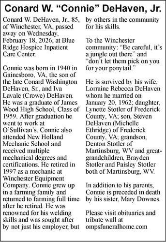 Conard W. “Connie” DeHaven, Jr. | Obituaries | winchesterstar.com