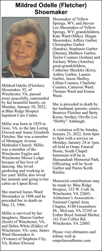 Mildred Odelle (Fletcher) Shoemaker | Obituaries | winchesterstar.com