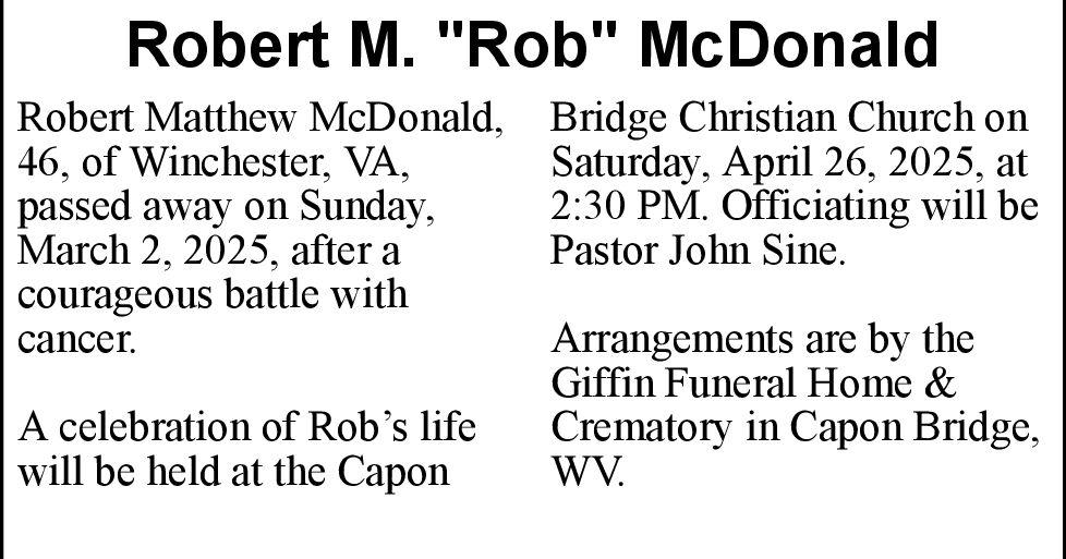 Robert M. "Rob" McDonald | Obituaries | winchesterstar.com