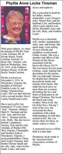 Phyllis Anne Locke Tinsman | Obituaries | winchesterstar.com