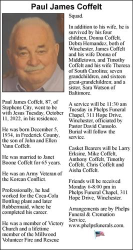 Paul James Coffelt | Obituaries | winchesterstar.com