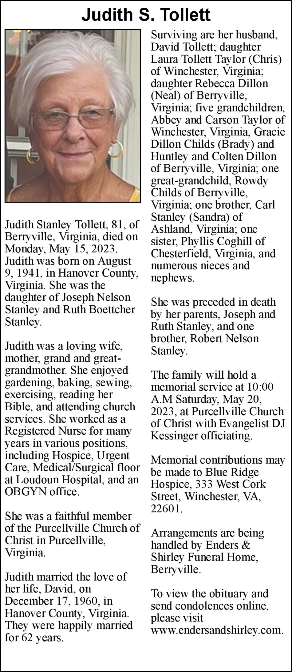 Judith S. Tollett | Obituaries | winchesterstar.com