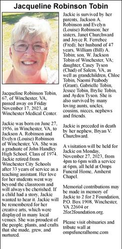 Jacqueline Robinson Tobin | Obituaries | winchesterstar.com