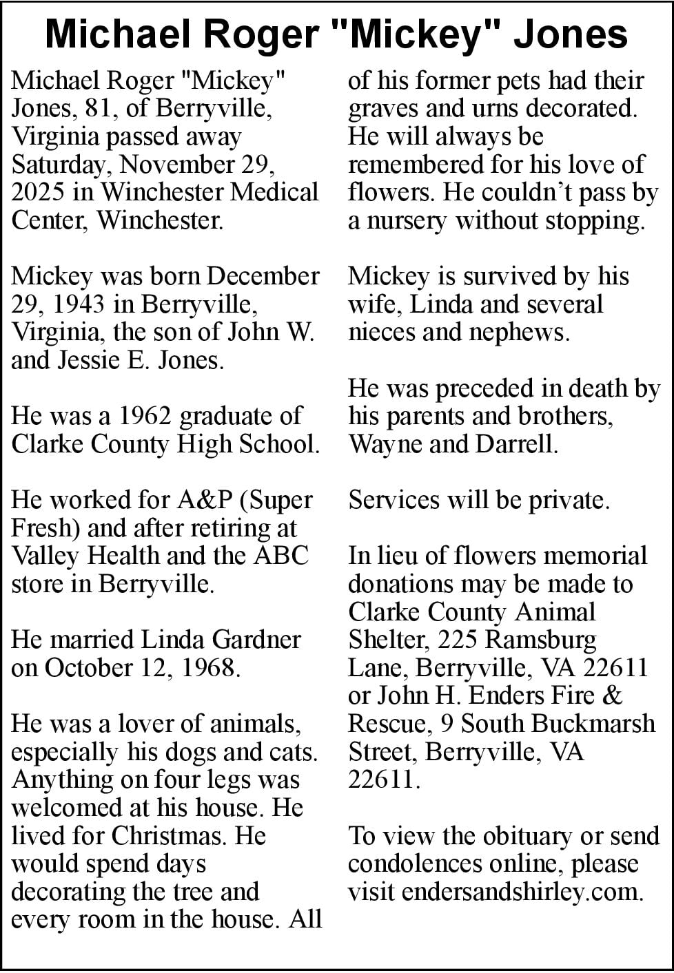 Michael Roger "Mickey" Jones | Obituaries | winchesterstar.com