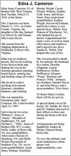 Edna J. Cameron | Obituaries | winchesterstar.com