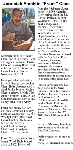 Jeremiah Franklin “Frank” Clem | Obituaries | winchesterstar.com
