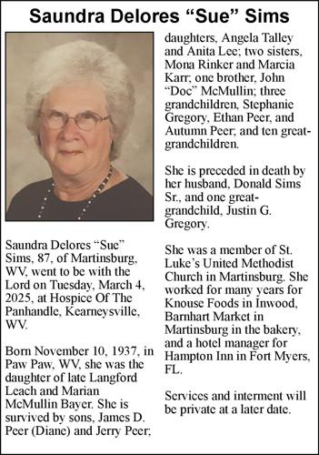 Saundra Delores “Sue” Sims | Obituaries | winchesterstar.com