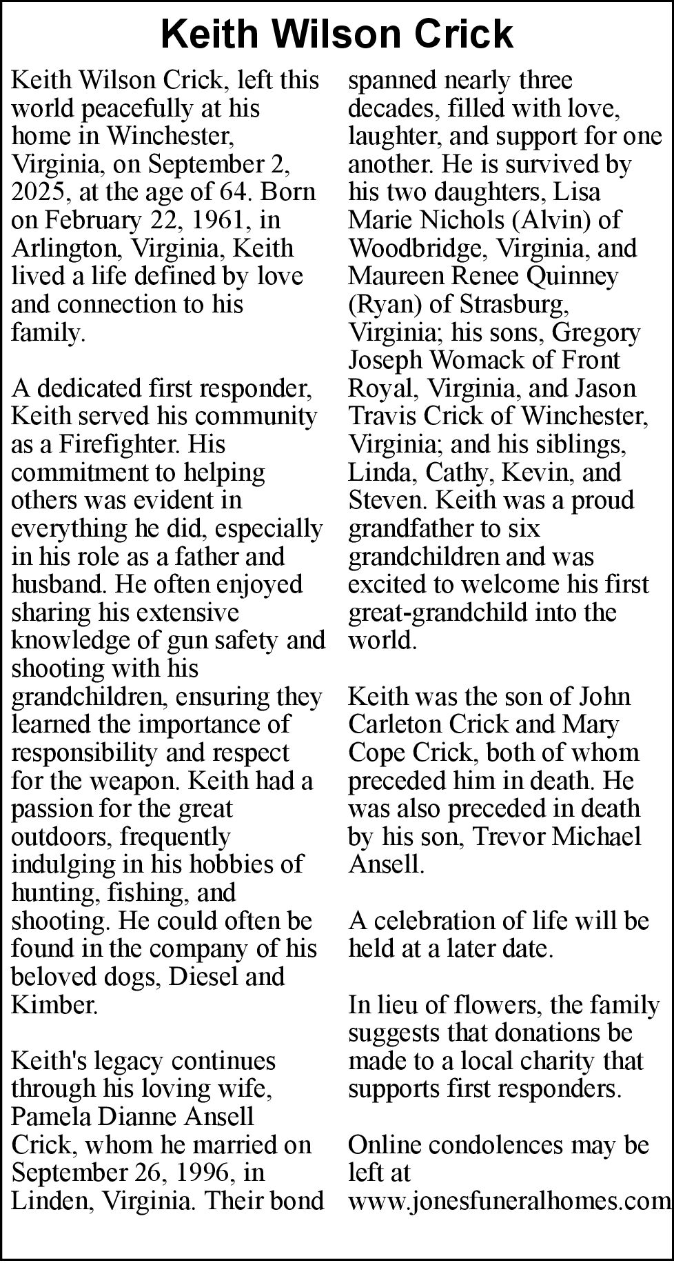 Keith Wilson Crick | Obituaries | winchesterstar.com