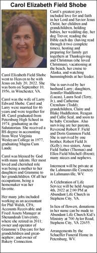 Carol Elizabeth Field Shobe | Obituaries | winchesterstar.com
