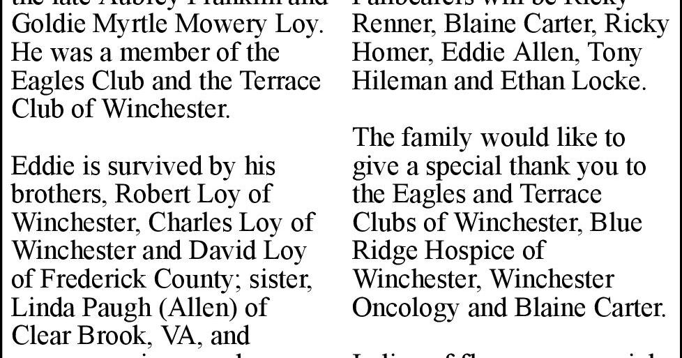 William Edward "Eddie" Loy | Obituaries | winchesterstar.com