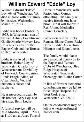 William Edward "Eddie" Loy | Obituaries | winchesterstar.com