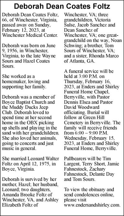 Deborah Dean Coates Foltz | Obituaries | winchesterstar.com