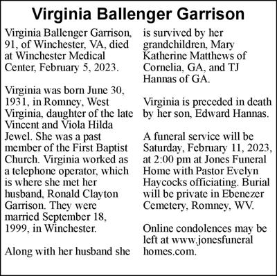 Virginia Ballenger Garrison | Obituaries | winchesterstar.com