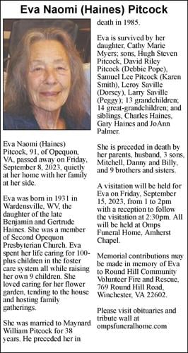 Eva Naomi (Haines) Pitcock | Obituaries | winchesterstar.com
