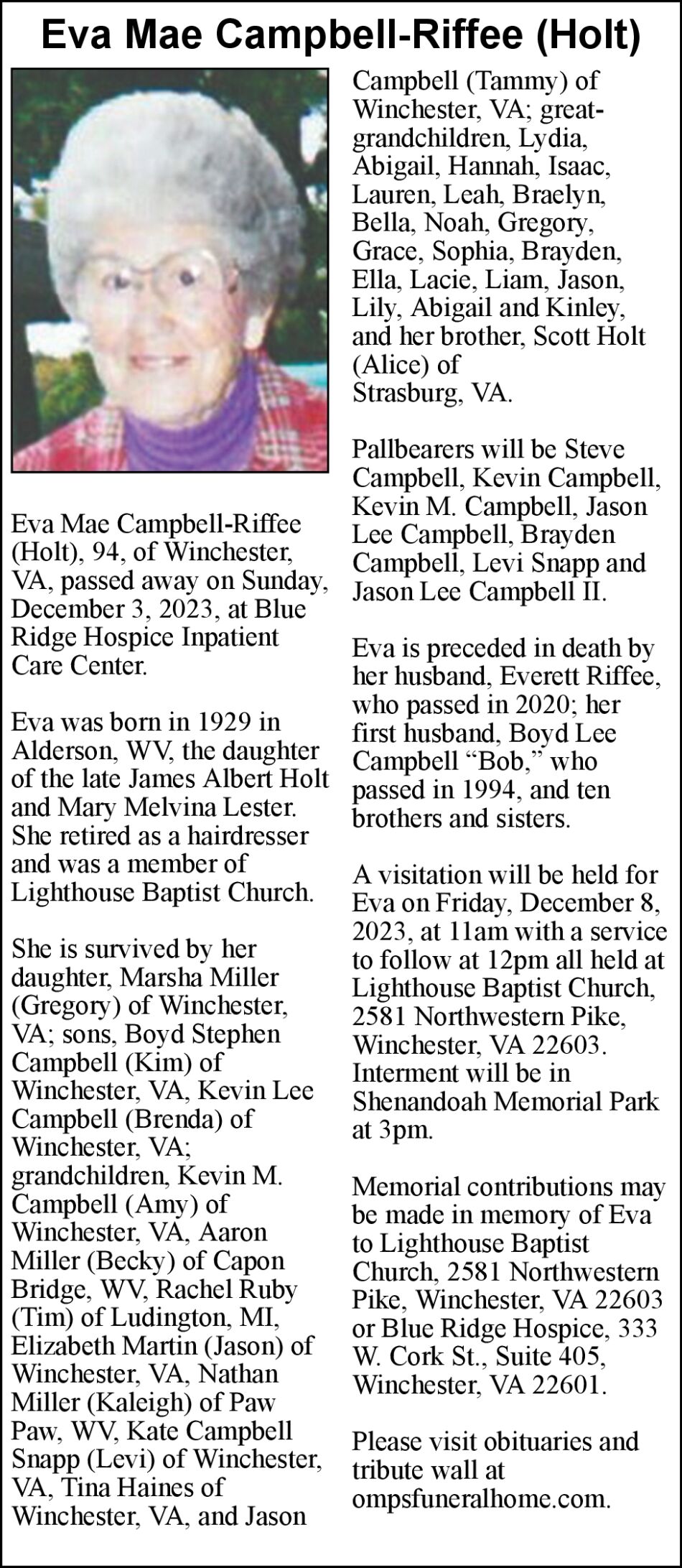 Eva Mae Campbell-Riffee (Holt) | Obituaries | winchesterstar.com