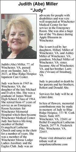 Judith (Abe) Miller “Judy” | Obituaries | winchesterstar.com