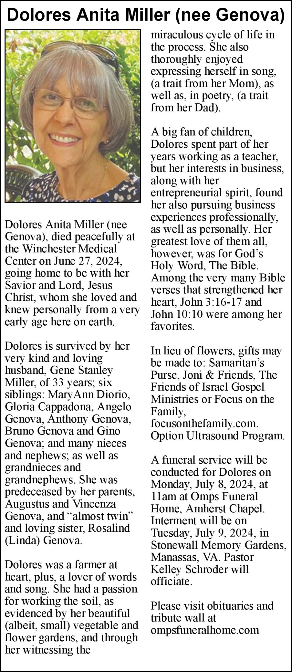 Dolores Anita Miller (nee Genova) | Obituaries | winchesterstar.com