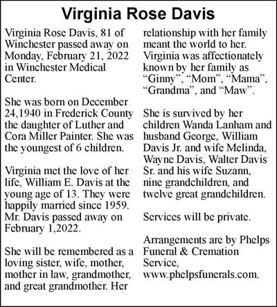 Virginia Rose Davis | Obituaries | winchesterstar.com