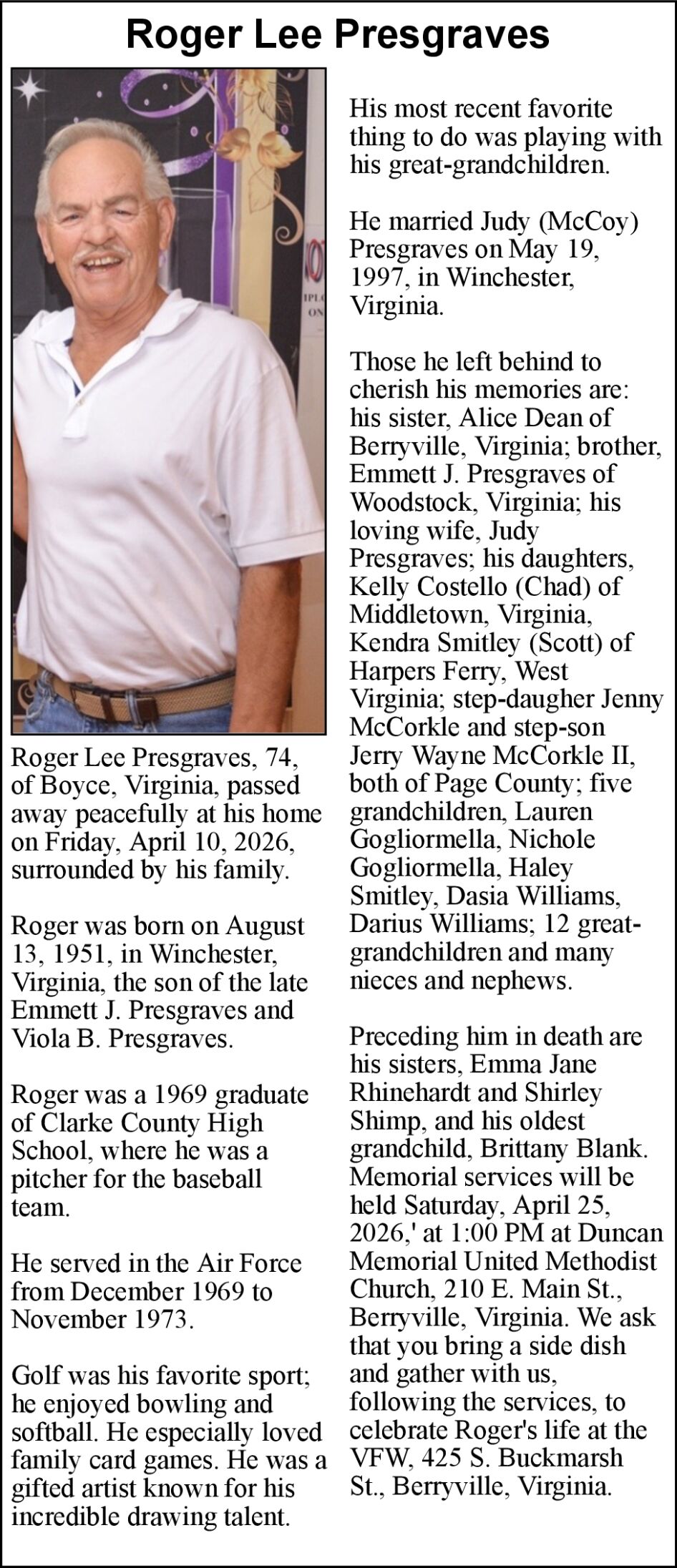 Roger Lee Presgraves | Obituaries | winchesterstar.com