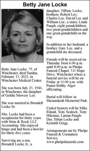 Betty Jane Locke | Obituaries | winchesterstar.com