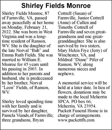 Shirley Fields Monroe | Obituaries | winchesterstar.com