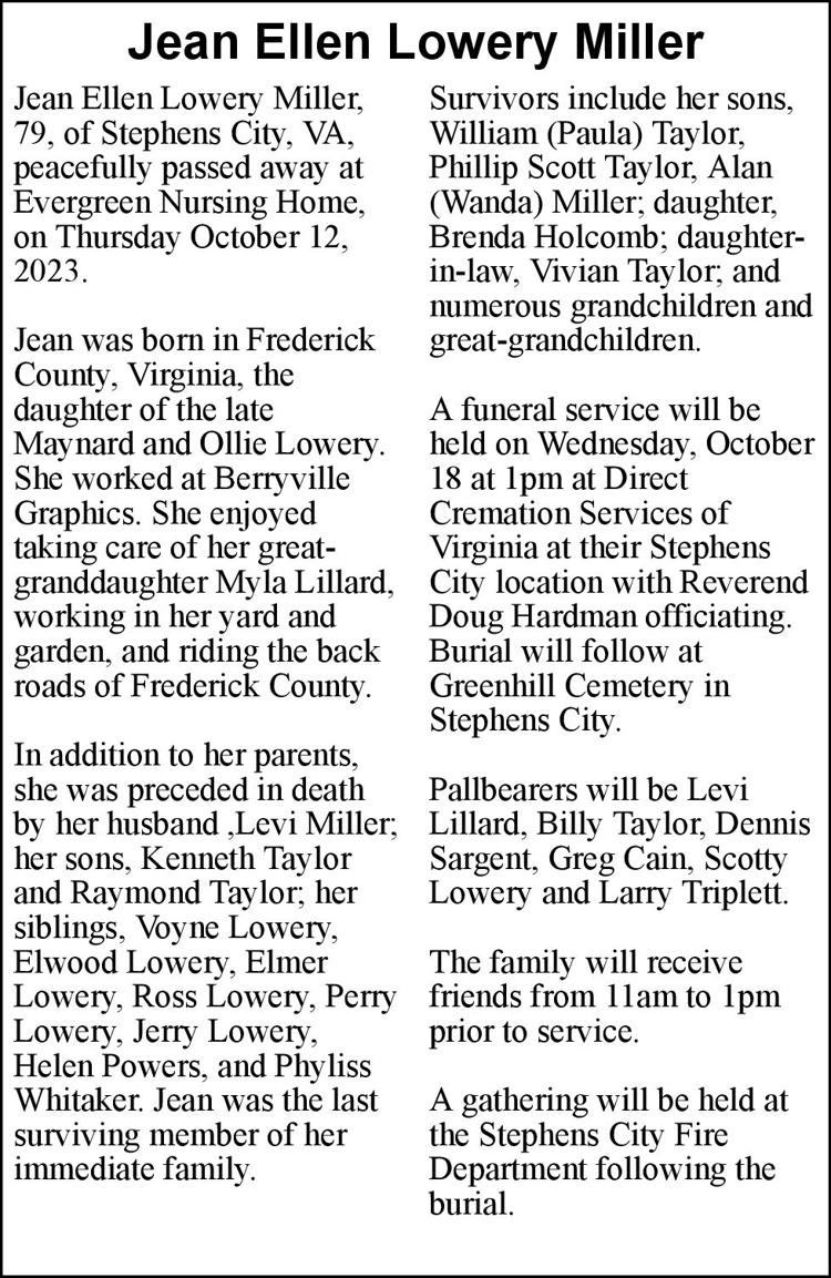 Jean Ellen Lowery Miller | Obituaries | winchesterstar.com