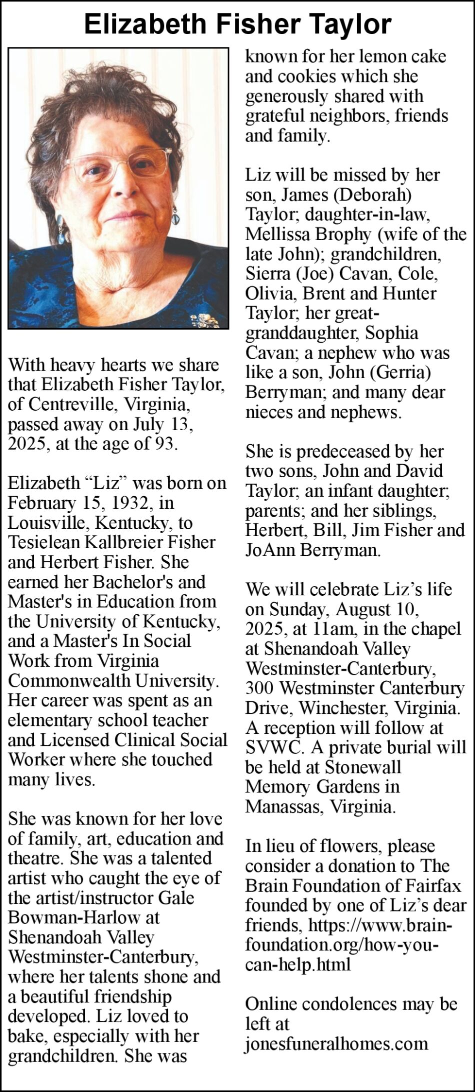 Elizabeth Fisher Taylor | Obituaries | winchesterstar.com