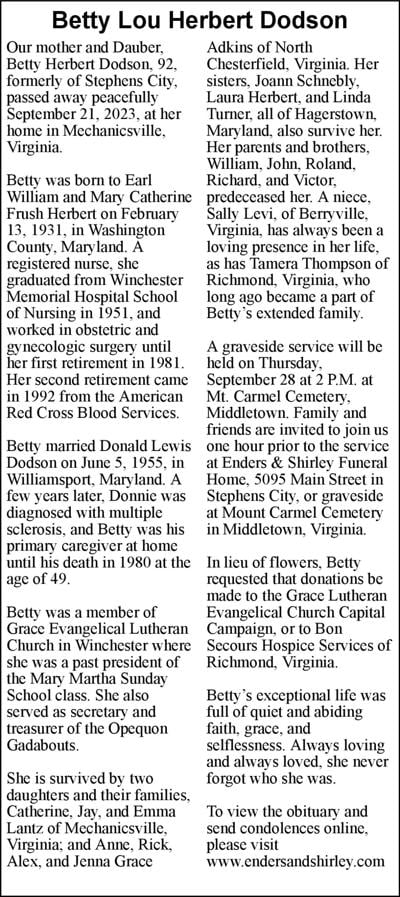 Betty Lou Herbert Dodson | Obituaries | winchesterstar.com