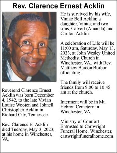 Rev. Clarence Ernest Acklin | Obituaries | winchesterstar.com