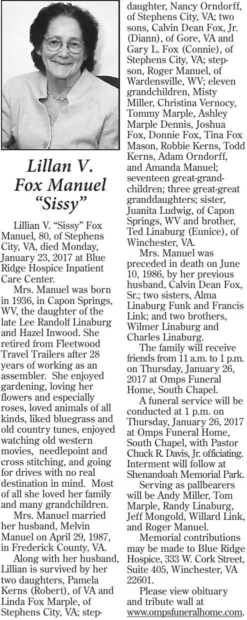 Lillian V. Fox Manuel “Sissy” | Obituaries | winchesterstar.com