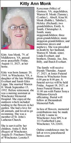 Kitty Ann Monk | Obituaries | winchesterstar.com