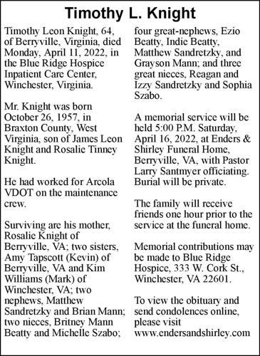 Timothy L. Knight | Obituaries | winchesterstar.com