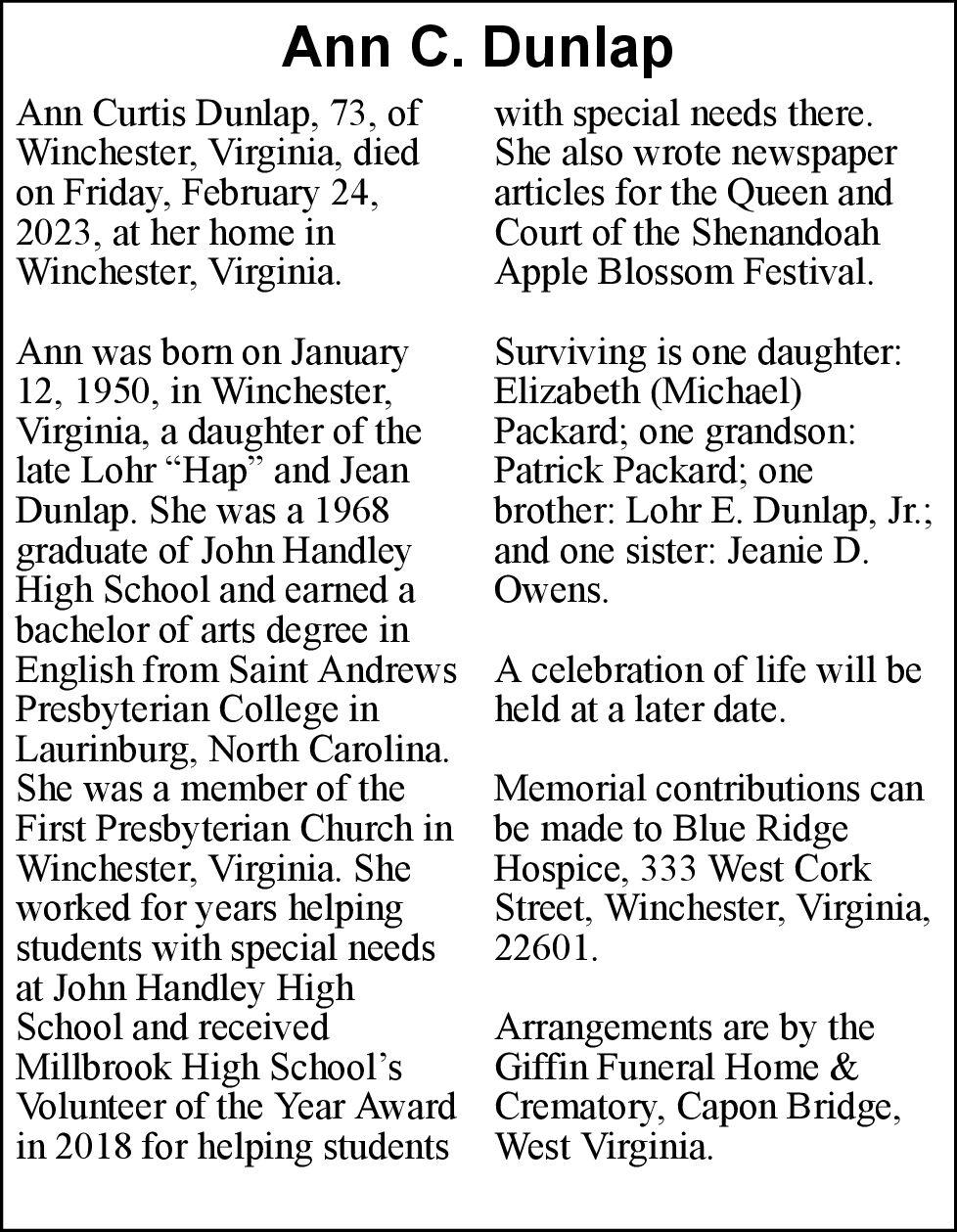 Ann C. Dunlap | Obituaries | winchesterstar.com