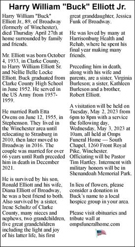 Harry William "Buck" Elliott Jr. | Obituaries | winchesterstar.com